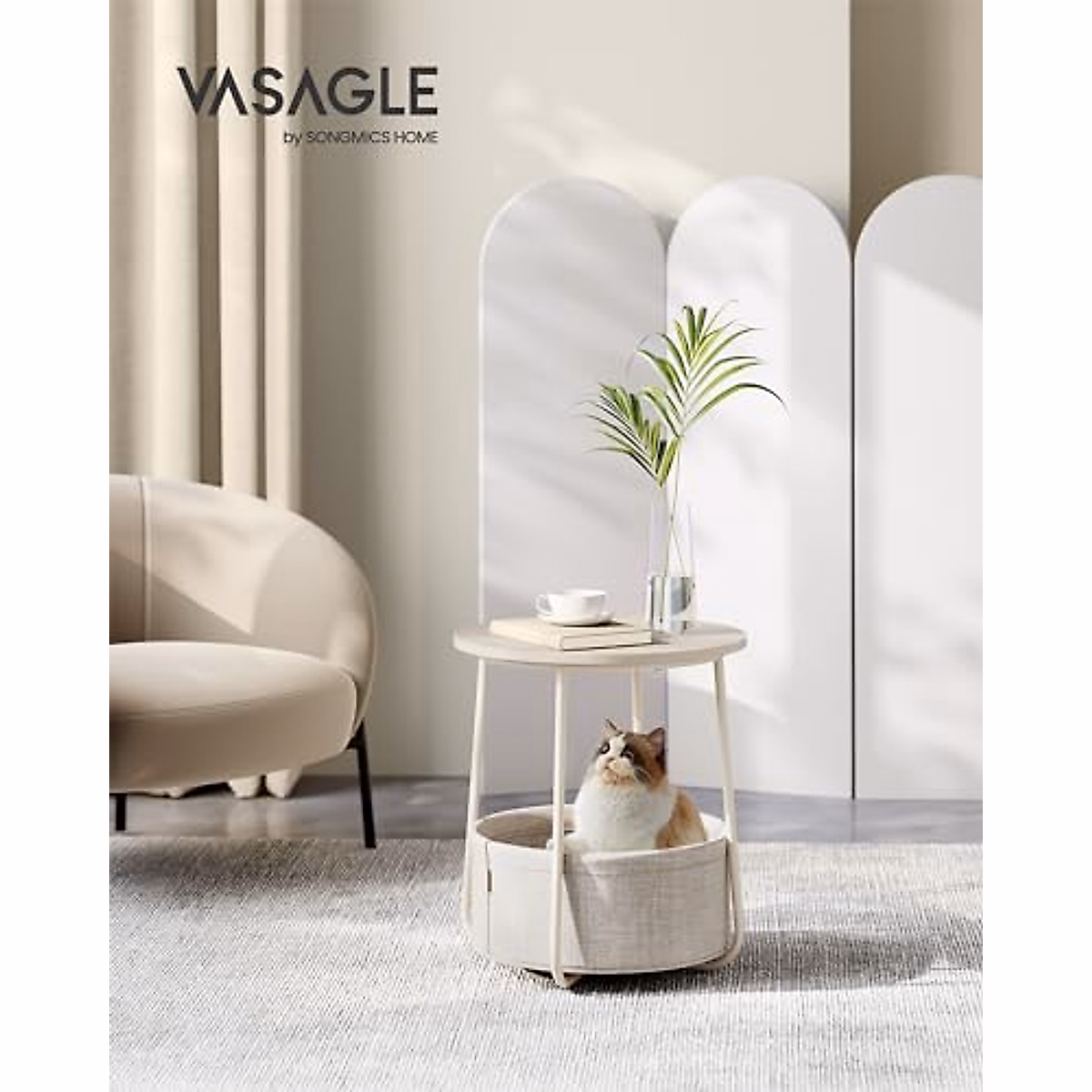VASAGLE End Table, Small Bedside Table with Fabric Basket, Modern Nightstand, Round Side Table, for Living Room, Bedroom, Cream White ULET223K67