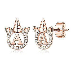 Unicorns Gifts for Girls, S925 Sterling Silver Post Rose Gold Plated Letter A Initial Stud Earrings Cubic Zirconia Hypoallergenic Unicorn Stud Earrings for Girls Women Unicorn Lovers Jewelry for Kids