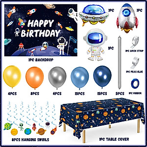 Outer Space Birthday Decorations, Space Themed Party Supplies, Include Solar System Balloon Arch Kit, Inflatable Rocket Astronaut Spaceship Balloons, Galaxy Tablecloth, Planet Swirl, Backdrop