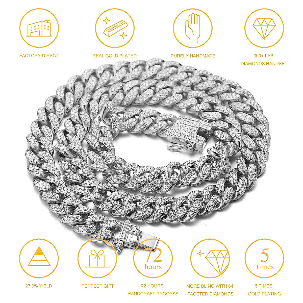 Halukakah Diamond Cuban Link Chain for Women 13.5MM Platinum White Gold Finish Choker Necklace 16",Full Cz Diamond Cut Prong Set,with Giftbox