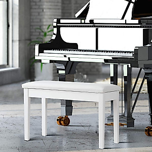 GOFLAME Duet Piano Bench, White, Padded Cushion, Solid Wood Construction, Hidden Music Storage, 29.5" x 14" x 19.5"