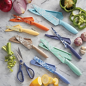 Farberware Tie Dye Pattern Knife Set with Shears and Blade Covers, 15-Piece, Multicolor