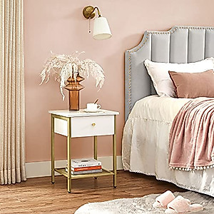 VASAGLE White Nightstand with Drawer, Bedside Table, End Table with Open Shelf, Modern Style for Bedroom, White and Gold ULET512A10