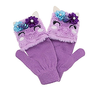Little Girls Winter Unicorn Beanie Hat and Gloves Set Kids Knitted Earflap Cap Flip Top Mitten Set