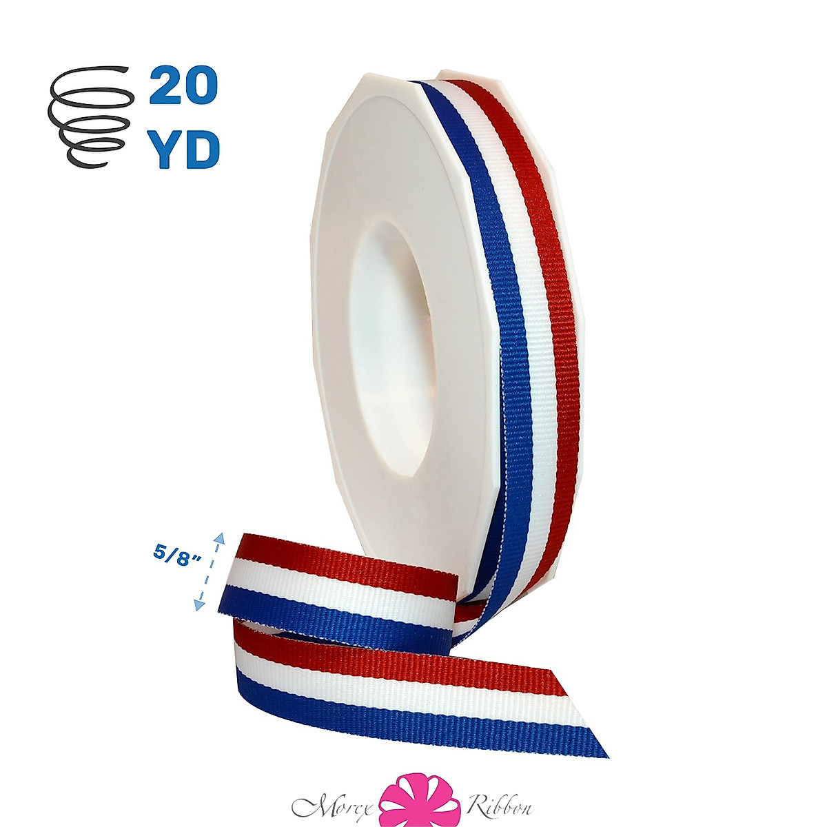 Morex Ribbon 93603/20-914 Striped Grosgrain Ribbon 5/8" X 20 YD Patriotic Ribbon for Gift Wrapping, Red/White/Blue, 4th of July Decorations, American Flags Art Supplies Gift Ribbons for Crafts