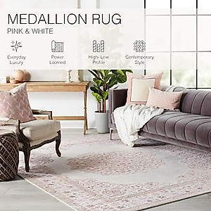 Jaipur Living Fables Collection 5' x 7'6" Small Area Rug with Medallion Design and Scrolling Border, Soft Power-Loomed Bohemian Rug for Bedrooms and Living Rooms, Pink/White