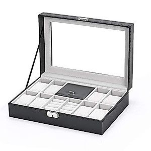 NEX Watch Box, 8 Slots Lockable Leather Watch Case Organizer with Ring Storage for Women Men, Black