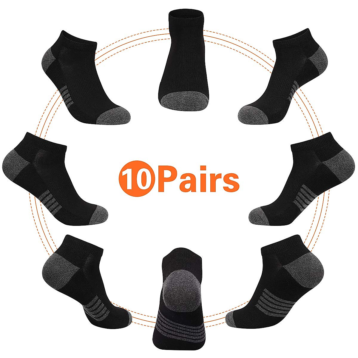 eallco Mens Ankle Socks Low Cut Athletic Cushioned Running Tab Socks 10 Pairs Black (Fits Mens Shoe Size 6-12)