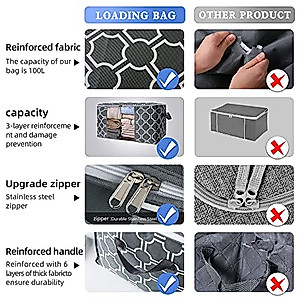 Vosign 3-Pack Large Storage Bags for Clothes Pillow Blankets, Foldable Storage Containers Organizers Bins with Reinforced Handles, Clear Window, Sturdy Zippers, 100L, Grey
