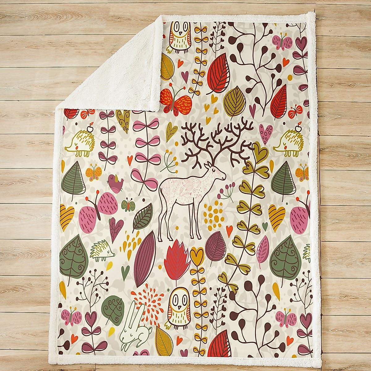 Cartoon Deer Throw Blanket Colorful Leaves Watercolor Plants Graffiti Fleece Blanket for Kids Teens Adults Cute Bird Butterfly Wild Animals Rustic Bed Blanket for Bed Couch Baby 30x40