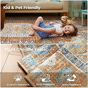 Kokia Area Rugs Living Room 9x12 Ultra-Thin Washable Orange Large Area Rug Dining Room Geometric Tribal Distressed Lightweight Foldable Carpet for Dining Room Home Office, Solani Orange-1