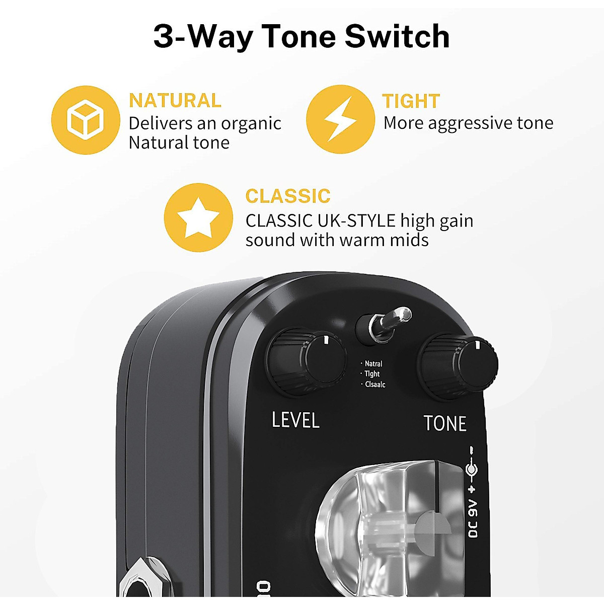 AZOR Pedal Power Adapter with Distortion Guitar Pedal Effect 3 Modes Natural, Tight, Classic with True Bypass Black AP-302