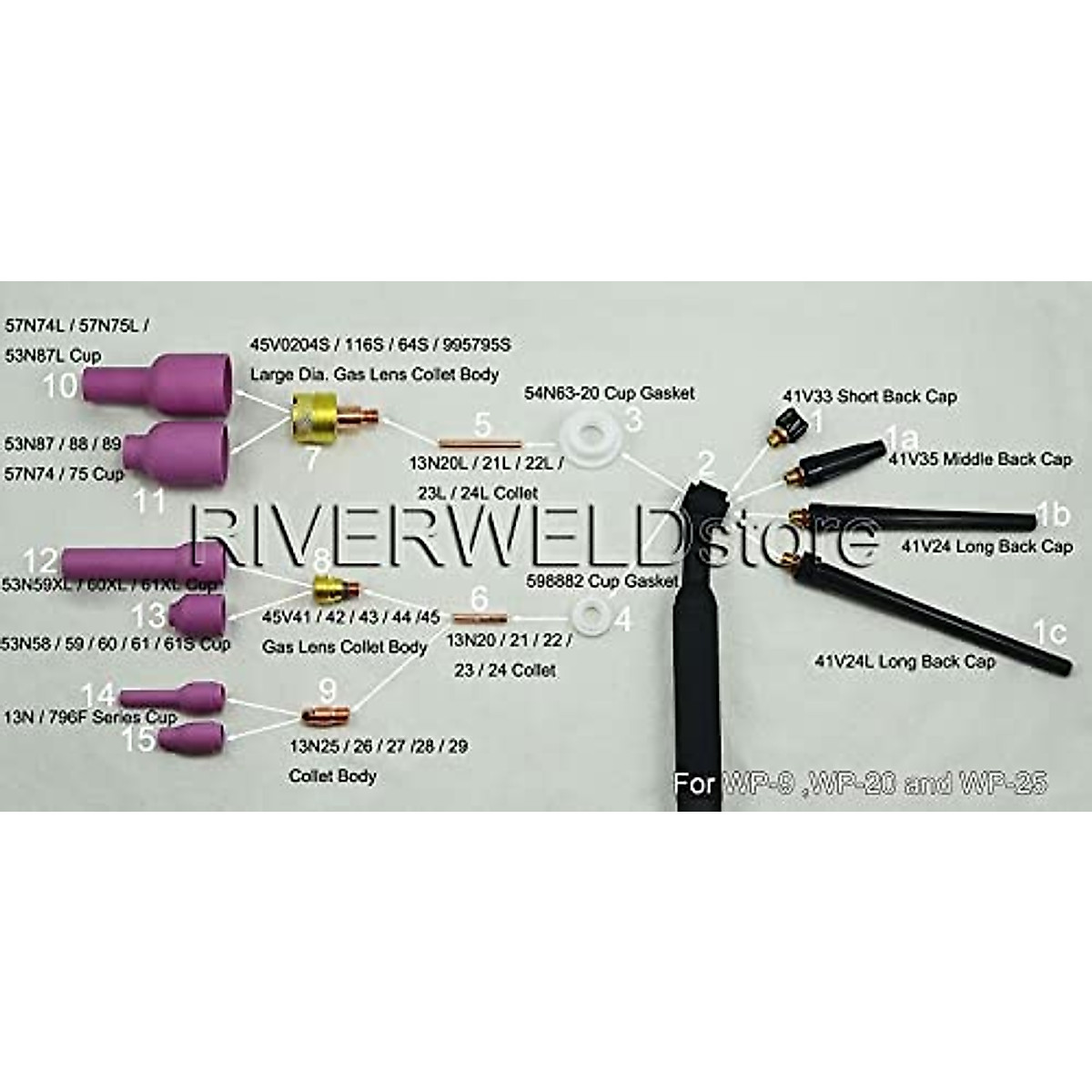 RIVERWELD TIG Back Caps Long Medium Short 41V24 41V35 41V33 Fit SR PDA DB WP 9 20 25 TIG Welding Torch 10pcs