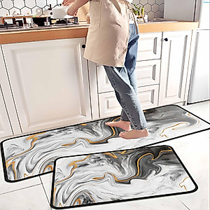 White Marble Kitchen Rugs and Mats Non Skid Washable Absorbent Stain Resistant,Durable and Easy to Clean,Kitchen Rug Set of 2 Marble Kitchen Deco 17"x47"+17"x30"