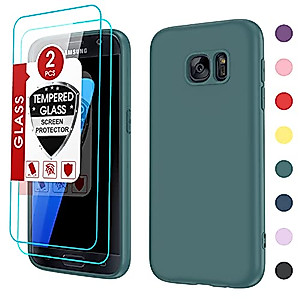 LeYi for Galaxy S7 Case, Samsung S7 Phone Case with 2 Pack Tempered Glass Screen Protector for Women Men, Liquid Silicone Slim Silky-Soft Gel Rubber Phone Case Cover for Samsung Galaxy S7, Green