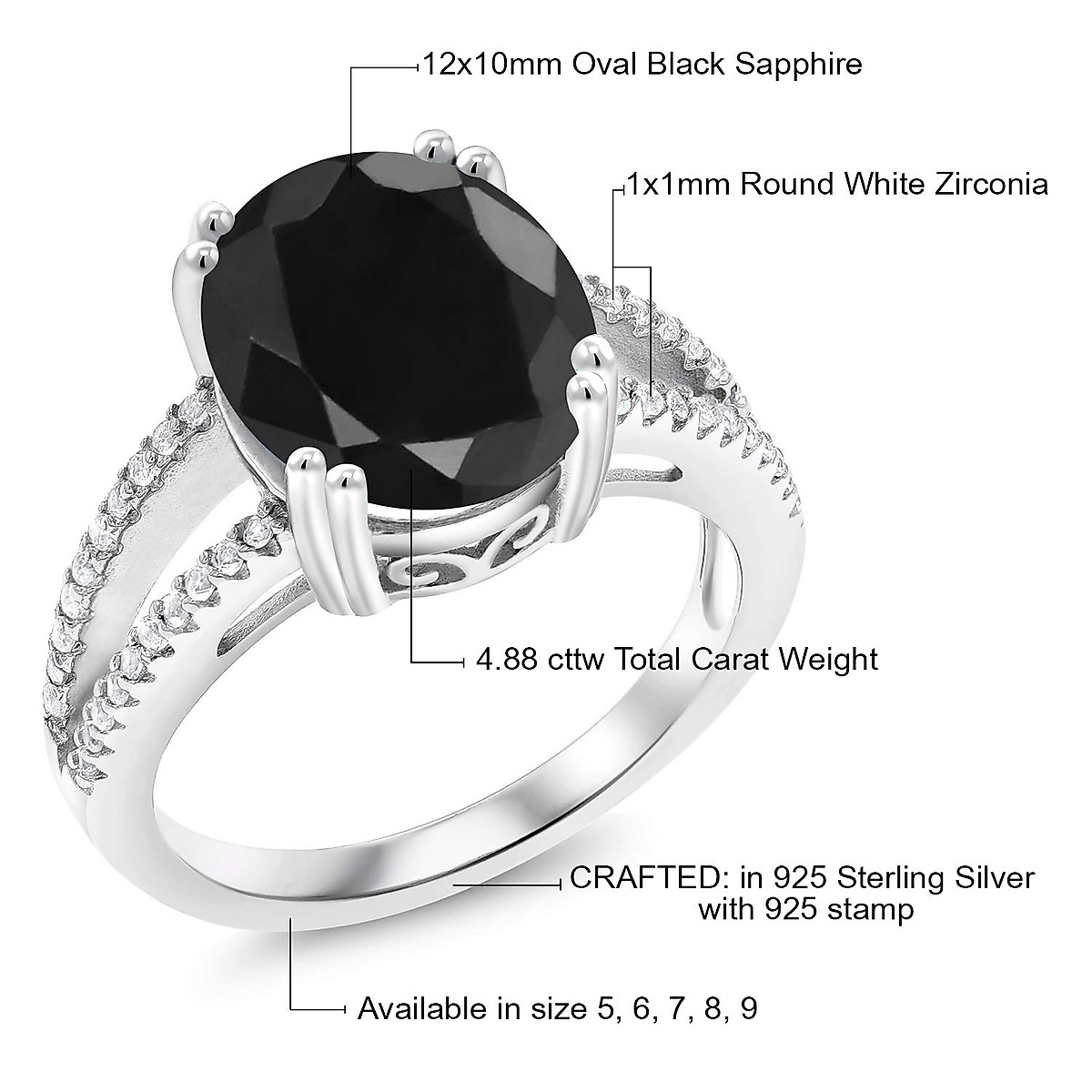Gem Stone King 4.88 Cttw Black Sapphire Ring For Women In 925 Sterling Silver | Oval 12X10MM | Gemstone September Birthstone | Available In Size 5, 6, 7, 8, 9