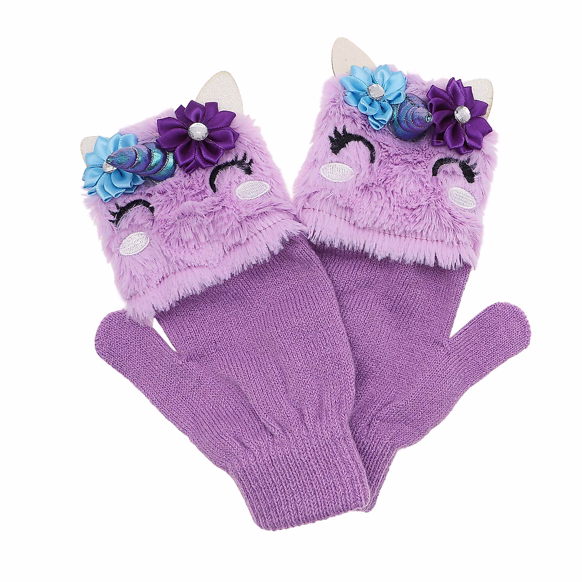Little Girls Winter Unicorn Beanie Hat and Gloves Set Kids Knitted Earflap Cap Flip Top Mitten Set