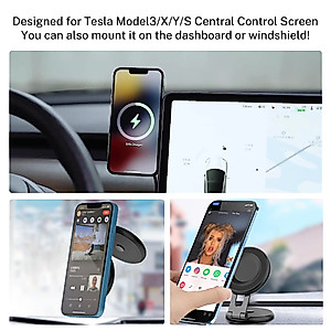 MEHIDFY Magnetic Wireless Car Charger Mount for Tesla Model 3/X/Y/S, 15W Fast Charging Foldable Tesla Phone Holder, Compatible with MagSafe Case and iPhone 12/13/14 Pro Max Mini, 360° Rotation