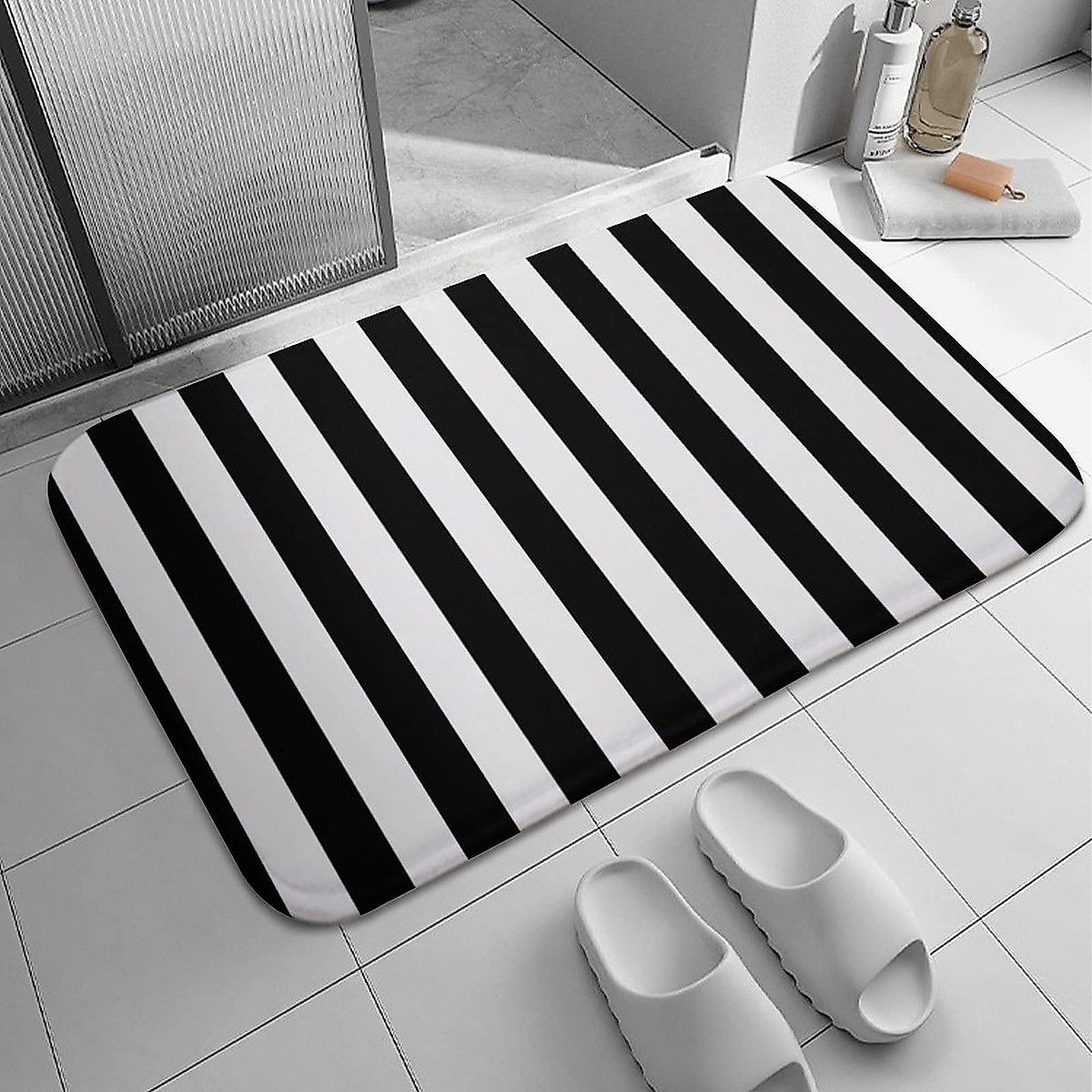 apular Black White Stripes Bath Rugs Absorbent Non Slip Door Mats Soft Carpet Washable Doormat for Kitchen Bathroom Entry Way Decor Accessories 16x24 Inch