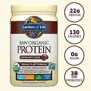 Garden of Life Raw Organic Plant Based Protein Powder, Chocolate - Vegan Protein Shake with BCAAs, Probiotics & Digestive Enzymes - No Soy, Dairy, Lactose or Gluten, Sugar Free - 20 Servings