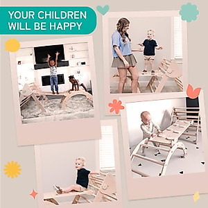 WoodandHearts Pikler Triangle Set Baby Climbing playset - Foldable Climbing Triangle - Climbing Slide Board - Arch Climber - Climbing Toys for Toddlers (Large Size) (Beige)