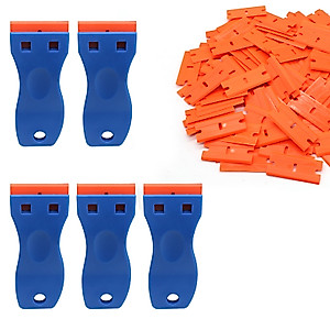 Suiwotin 5pcs Plastic Razor Blade Scraper, Plastic Sticker Remover Scraper with 100pcs Plastic Razor Blades, Paint Spatula Scraper Cleaner Tool for Sticker, Decal, Grout, wrapping Removal (105pcs)