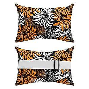 Recliner Head Pillow Ledge Loungers Chair Pillows with Insert Orange and Black Dahlia Foral Lumbar Pillow with Adjustable Strap Outdoor Waterproof Patio Pillows for Beach Pool Chair, 2 PCS