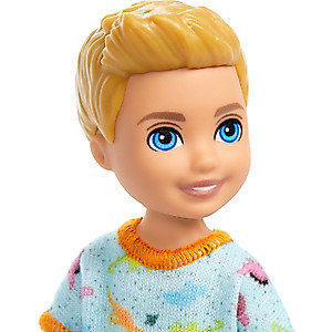 Barbie Chelsea Doll, Small Boy Doll Wearing Removable One-Piece with Dinosaur Print & White Shoes, Blond Hair & Blue Eyes