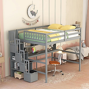 Bellemave Full Size Loft Bed with Desk and Storage Shelves,Wood Loft Bed Frame with Storage Staircase,High Loft Bed Full for Kids,Teens, Adults,Grey