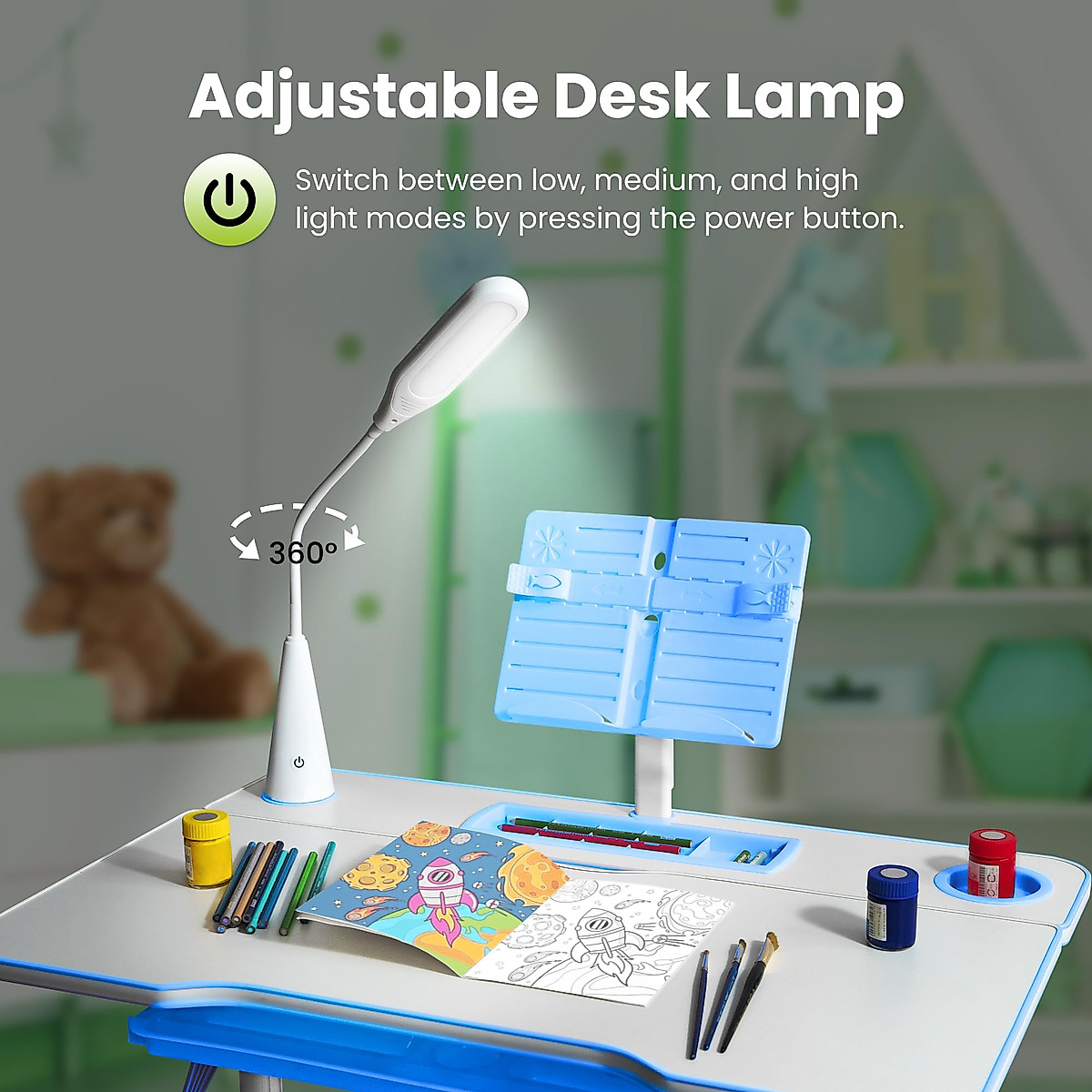 Gorilla Gadgets Kids Table and Chair Set, Height Adjustable Children's Study Desk - for Baby Bedroom, Game Rooms, Night Light Included (DSK-Kids-BLU)