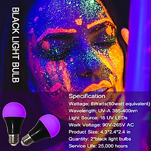 CICINY UV LED Black Light Bulbs 2 Pack, A19 E26 8W Blacklight Bulb for Glow in The Dark, UVA Level 385-400nm, Blacklight light bulbs for Parties Body Paint Fluorescent Poster Pet Stains