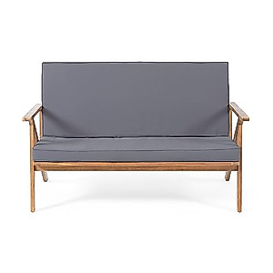 Christopher Knight Home Panama Outdoor Acacia Wood Chat Set with Water Resistant Cushions, 4-Pcs Set, Teak Finish / Grey