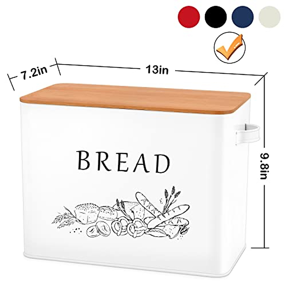 E-far Bread Box for Kitchen Countertop, Metal Bread Storage Container Bin with Bamboo Lid for Cutting Bread, Extra Large & Farmhouse Style, 13” x 7.2” x9.8”, White