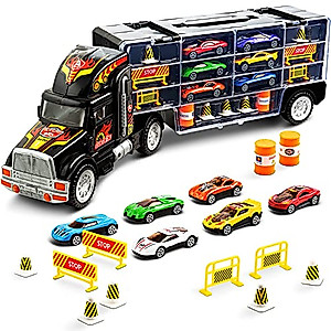 Toy Truck Transport Car Carrier Toy for Boys and Girls Age 3-10 yrs Old - Hauler Truck Includes 6 Toy Cars and Accessories - Car Truck Fits 28 Car Slots - Ideal Gift for Kids