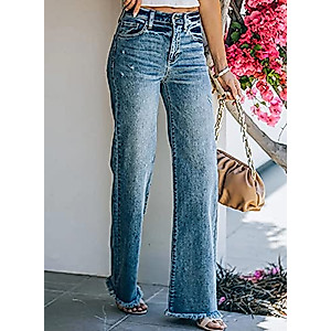 Sidefeel Women High Waisted 90 Flare Raw Hem Denim Jeans Wide Leg Pants Size 10 Blue