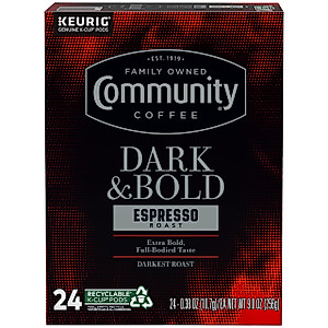 Community Coffee Dark & Bold Espresso Roast 24 Count Coffee Pods, Compatible with Keurig 2.0 K-Cup Brewers, 24 count (Pack of 1)