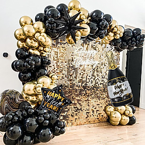 Happy New Year Party Decorations - 130pcs Black and Glod Balloon Garlands Arch Kit, Large Bottle Foil Balloon 2024 New Years Eve Party Background Anniversary Graduation Home Supplies (Black Gold)