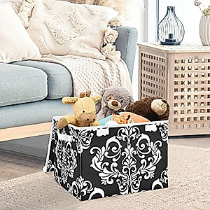 Kigai Storage Basket Black Damask Baroque Floral Storage Boxes with Lids and Handle, Large Storage Cube Bin Collapsible for Shelves Closet Bedroom Living Room, 16.5x12.6x11.8 In