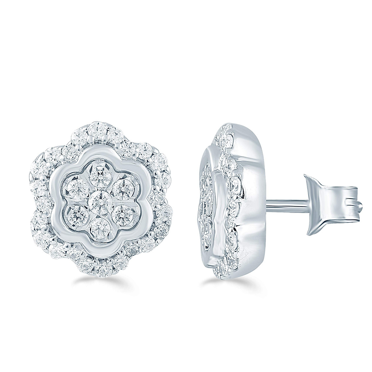 1/2Cttw Natural Diamond Cluster Stud Earrings Set in 925 Sterling Silver