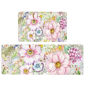 chiinvent Pink Floral Kitchen Rug Mats Set of 2 Boho Flower Anti Fatigue Kitchen Mats for Floor Non-Slip Cushioned Kitchen Floor Mat Comfort Standing Memory Foam Mat Waterproof PVC (17.3X 28+17.3X 47)