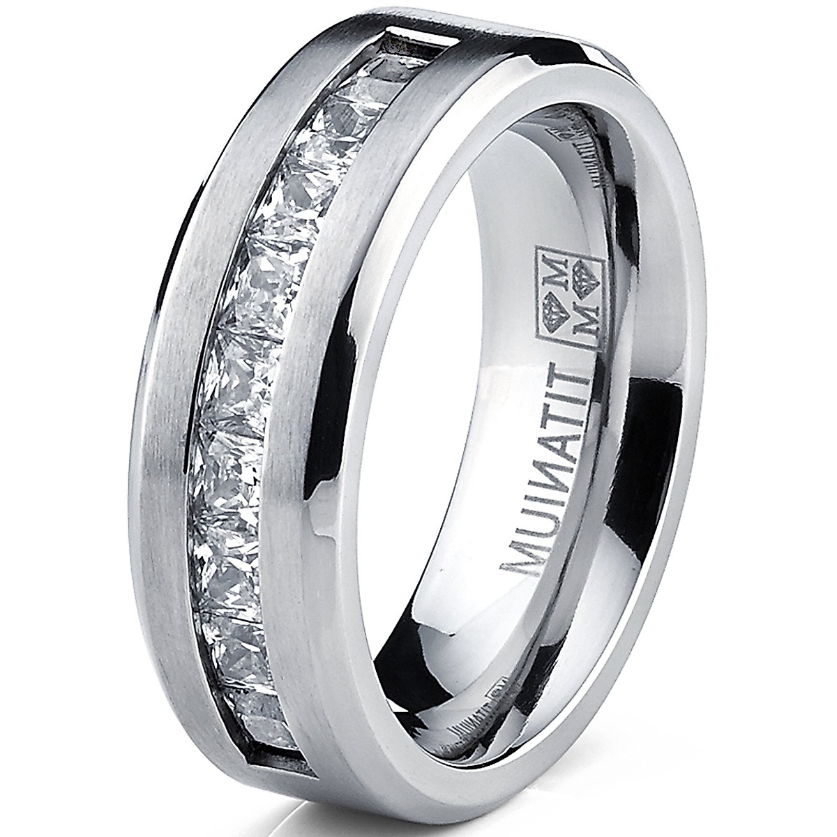 Metal Masters Titanium Men's Wedding Band Engagement Ring with 9 large Princess Cut Cubic Zirconia Size 8