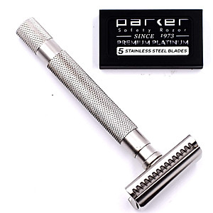 Parker THE SEMI SLANT, Double Edge Safety Razor and 5 Parker Blade Refills - Electroplated Satin Chrome Solid Brass Handle - Delivers a Barbershop Shave at Home