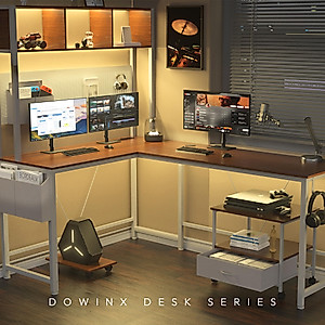 Dowinx L Shaped Desk with Pegboard and Removable Filing Cabinet, Reversible 67” Computer Gaming Desk with Power Outlet and Led, Office Corner Desk with Storage for Home Game, Brown