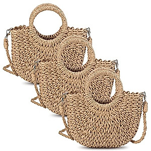 3 Pcs Semi Circle Rattan Straw Bag Straw Purses for Women Summer Beach Mini Tote Bag Hand Woven Crossbody Small Handbag Top Handle Wicker Clutch Bag