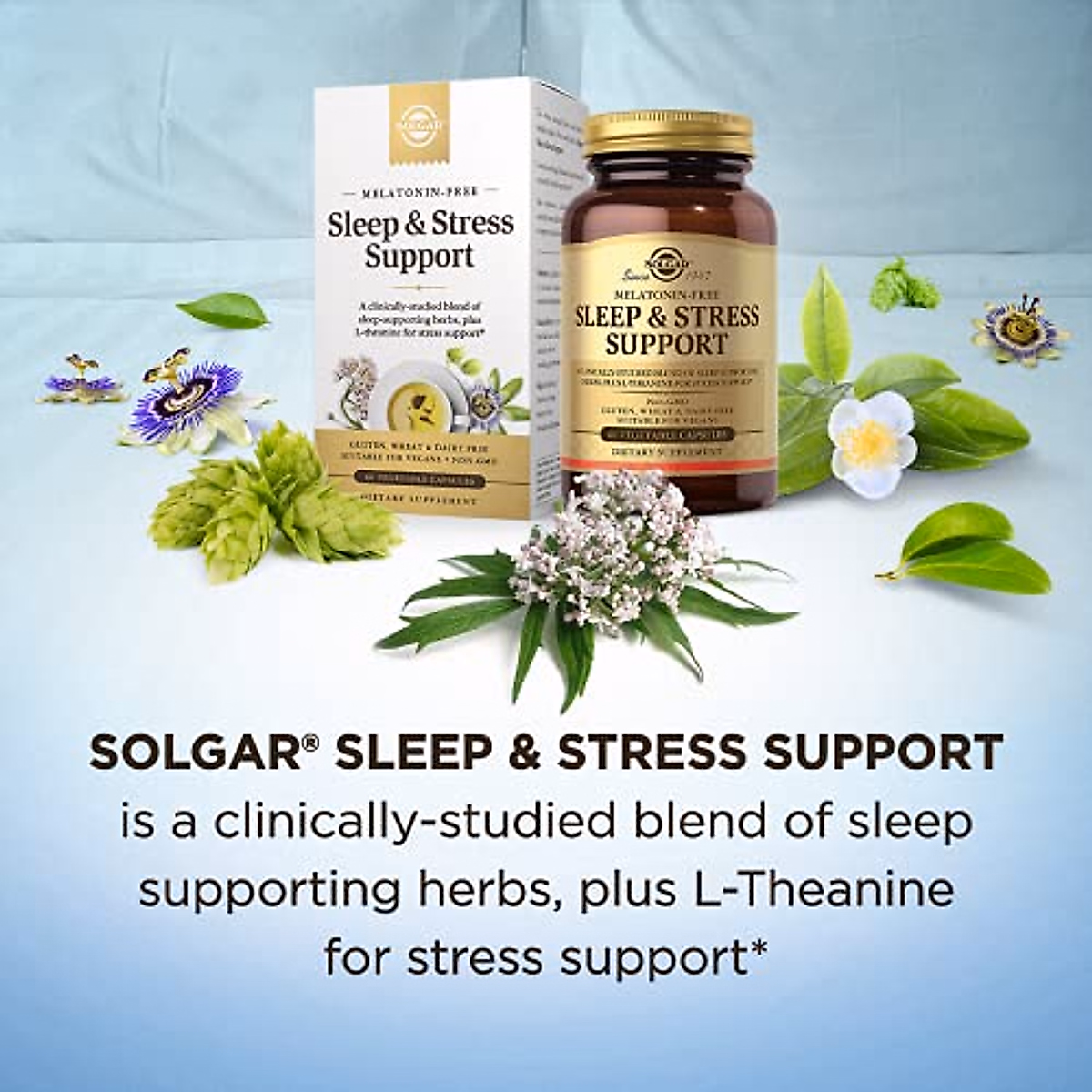 Solgar Sleep & Stress Support, 60 Vegetable Capsules – Melatonin-Free – Helps Relax & Calm You – Fall Asleep Quickly – Improve Sleep Quality – With Valerian, Passionflower & Hops, Non-GMO, 30 servings
