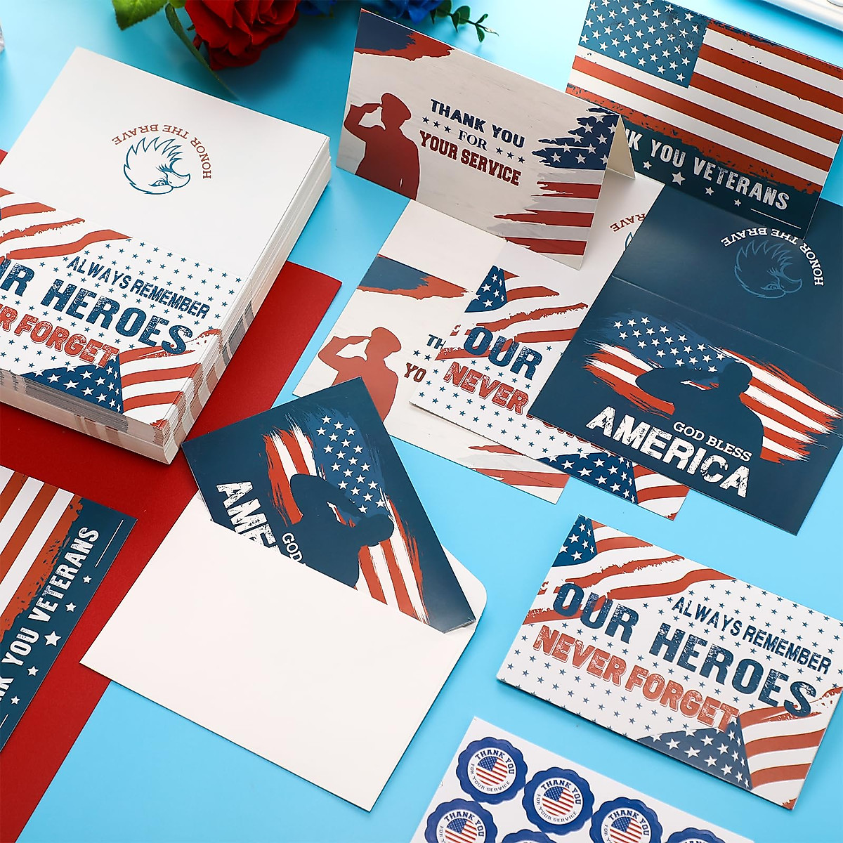 Seajan 200 Pcs Patriotic Thank You Cards with Envelopes, Blue White Red, American Flag Patterns, Ideal for Veterans Day, Memorial Party, Sticker Included