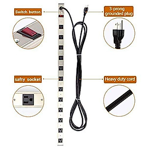 12 Outlet Heavy Duty Metal Socket Power Strip,15-Foot Long Extension Cord with Circuit Breaker. Mounting Brackets Included,Workshop/Industrial use,800J Surge Protector ETL Certified