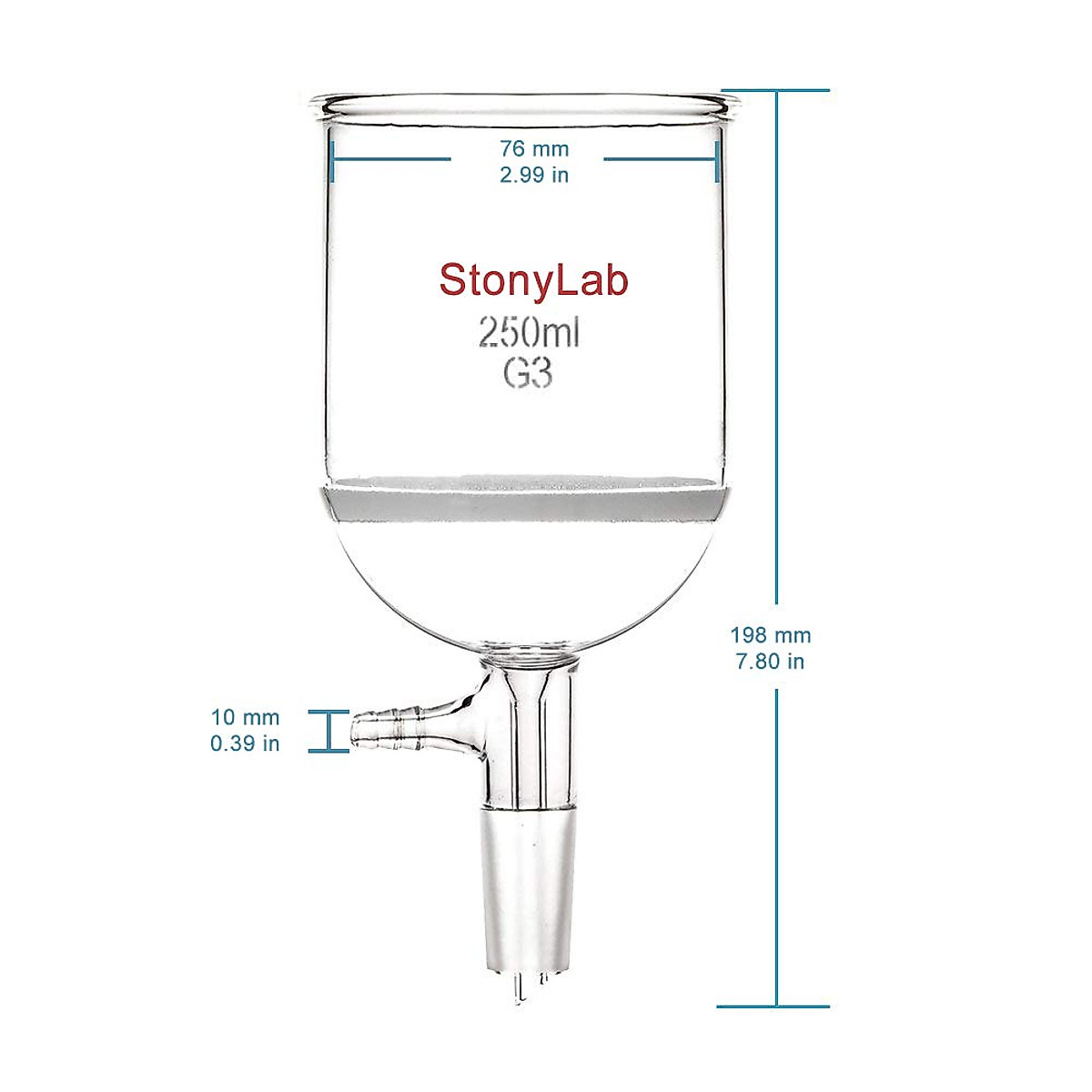 StonyLab Borosilicate Glass Buchner Filtering Funnel with Fine Frit(G3), 76mm Inner-Diameter, 80mm Depth, with 24/40 Standard Taper Inner Joint and Vacuum Serrated Tubulation (250ml)