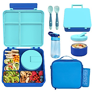 Kids Bento Lunch Box with 8oz Soup Thermo, Water Bottle, Kids Leakproof Lunch Food Containers with 4 Compartment, Kids Insulated Hot Food Jar with Lunch Bag for School, Trvael (Blue)