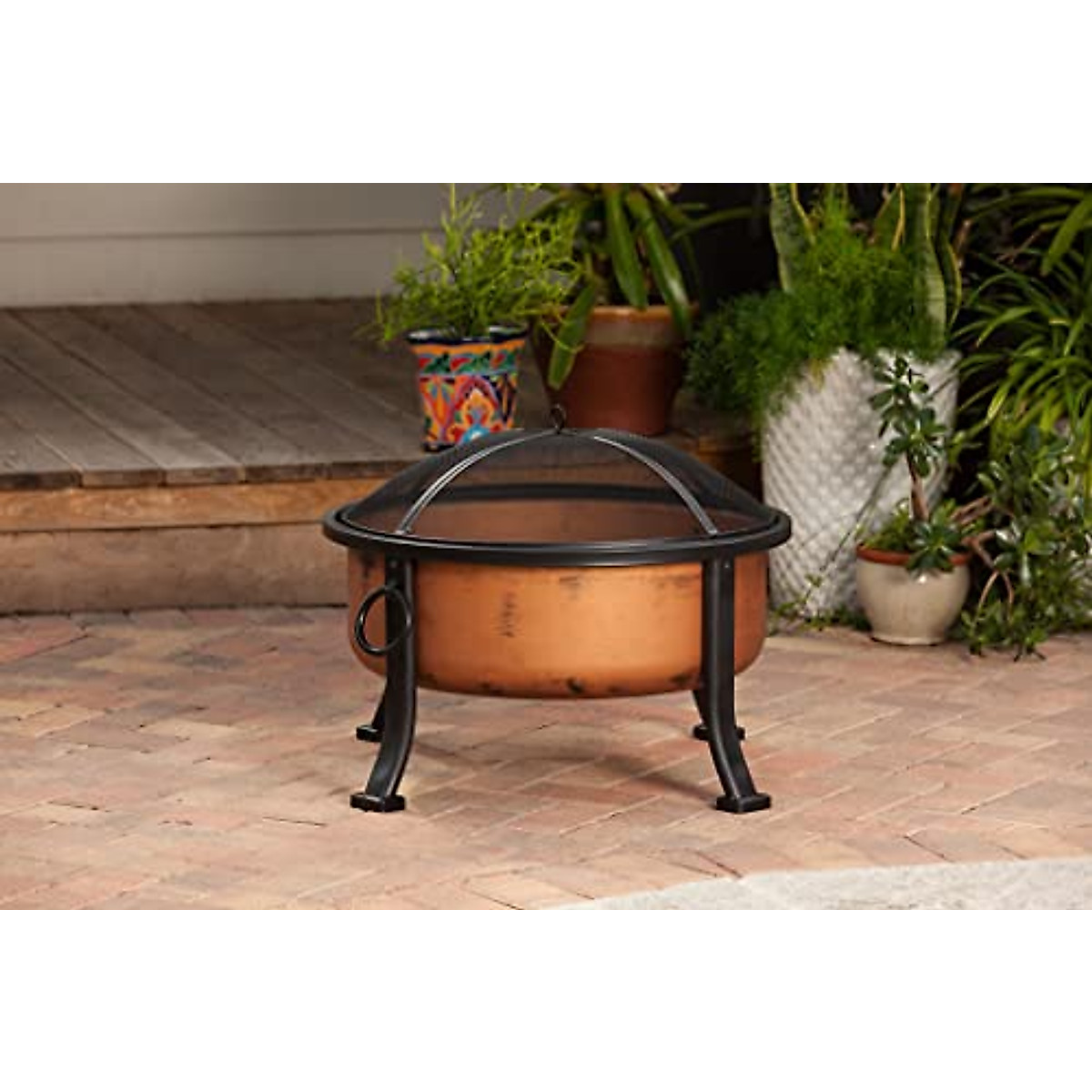 Fire Sense 62342 Lumina Round Wood Burning Fire Pit Copper Finish Steel Fire Bowl Mesh Spark Screen & Screen Lift Tool Included Lightweight Portable Patio & Outdoor Heater - Round - 24" Diameter